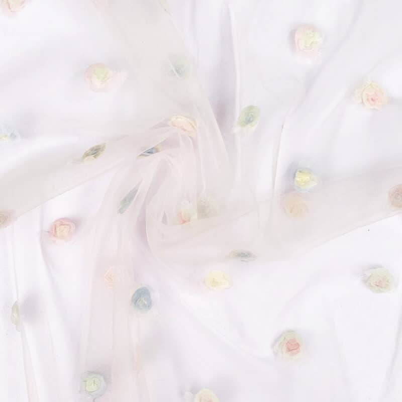 Tüllstoff - Helles Rosa mit Pastell-Röschen - DIY Stoffe